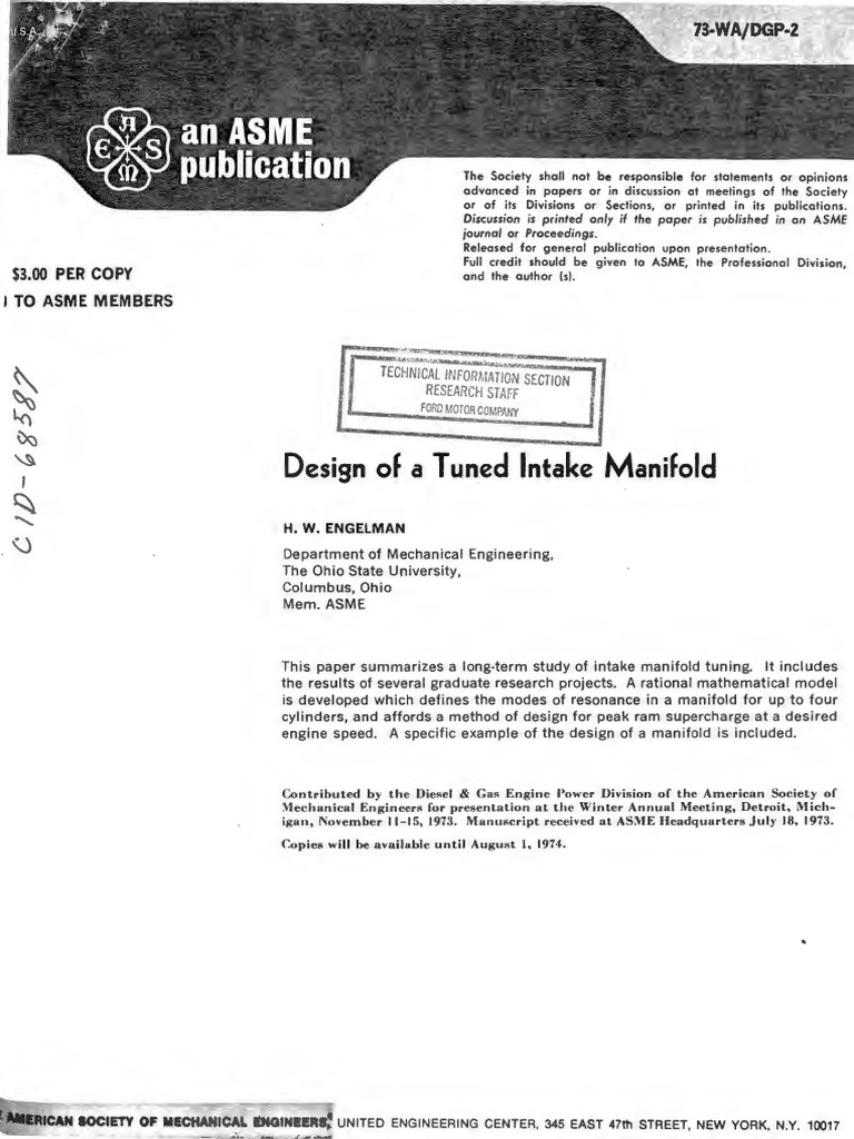 Design of A Tuned Intake Manifold H W Engelman Asme Paper 73 Wa DGP 2 ...