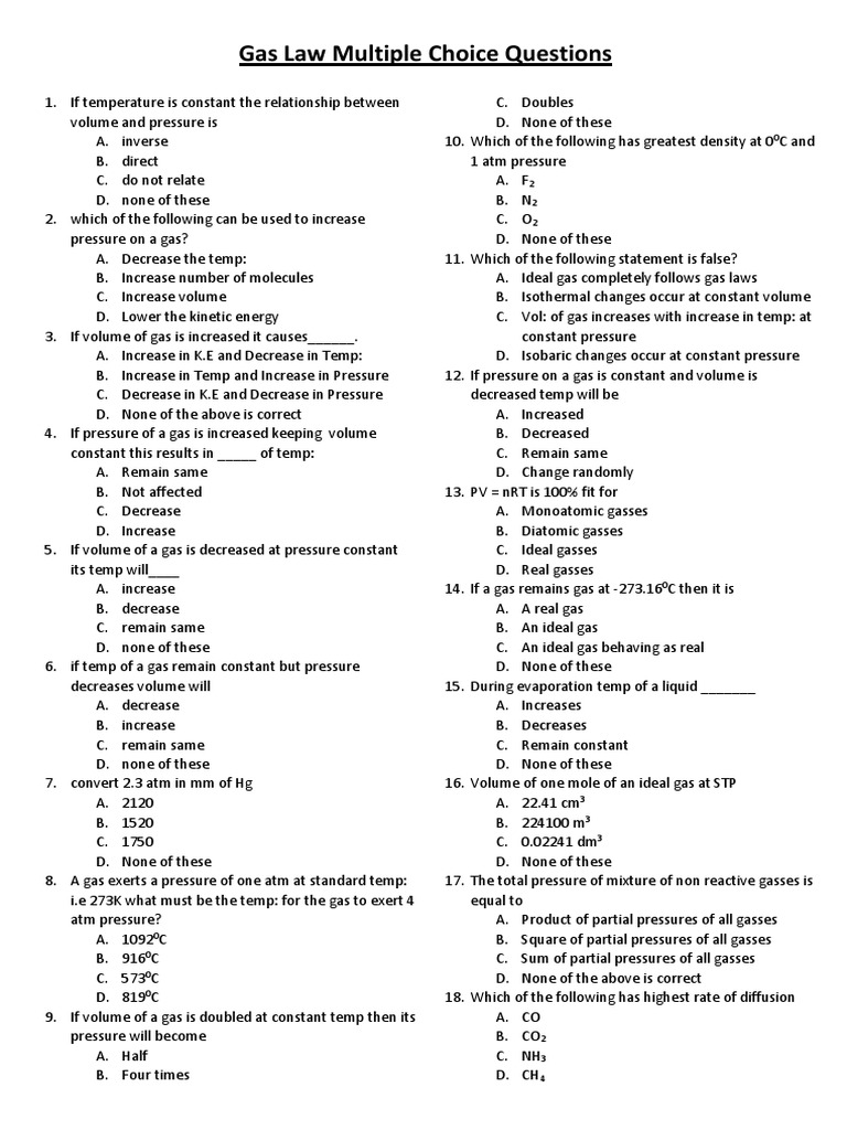 Gas Law Multiple Choice Questions | PDF | Gases | Pressure
