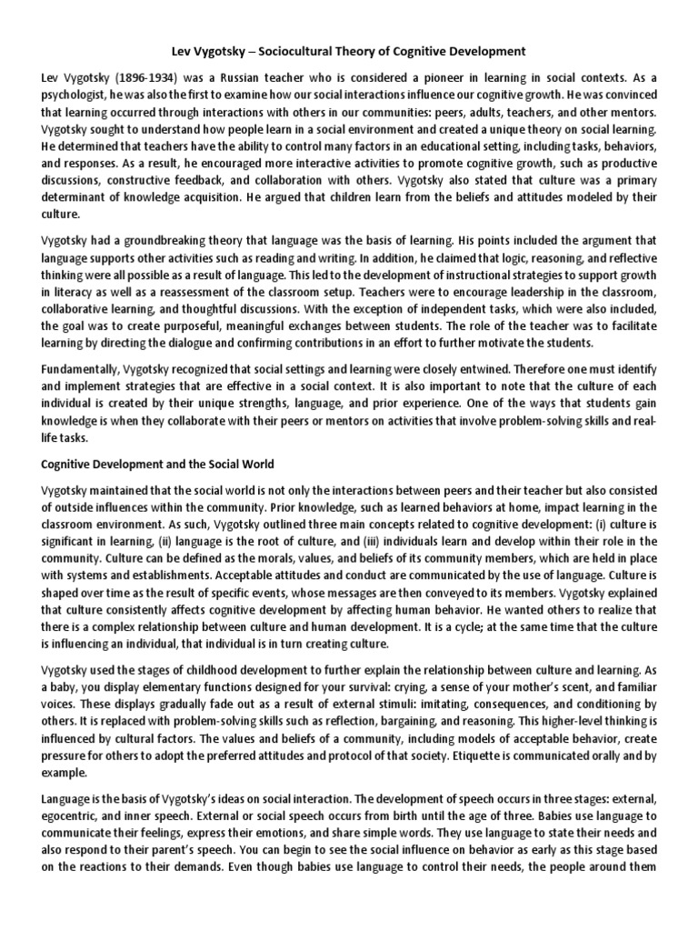 Lev Vygotsky - Sociocultural Theory of Cognitive Development | PDF ...