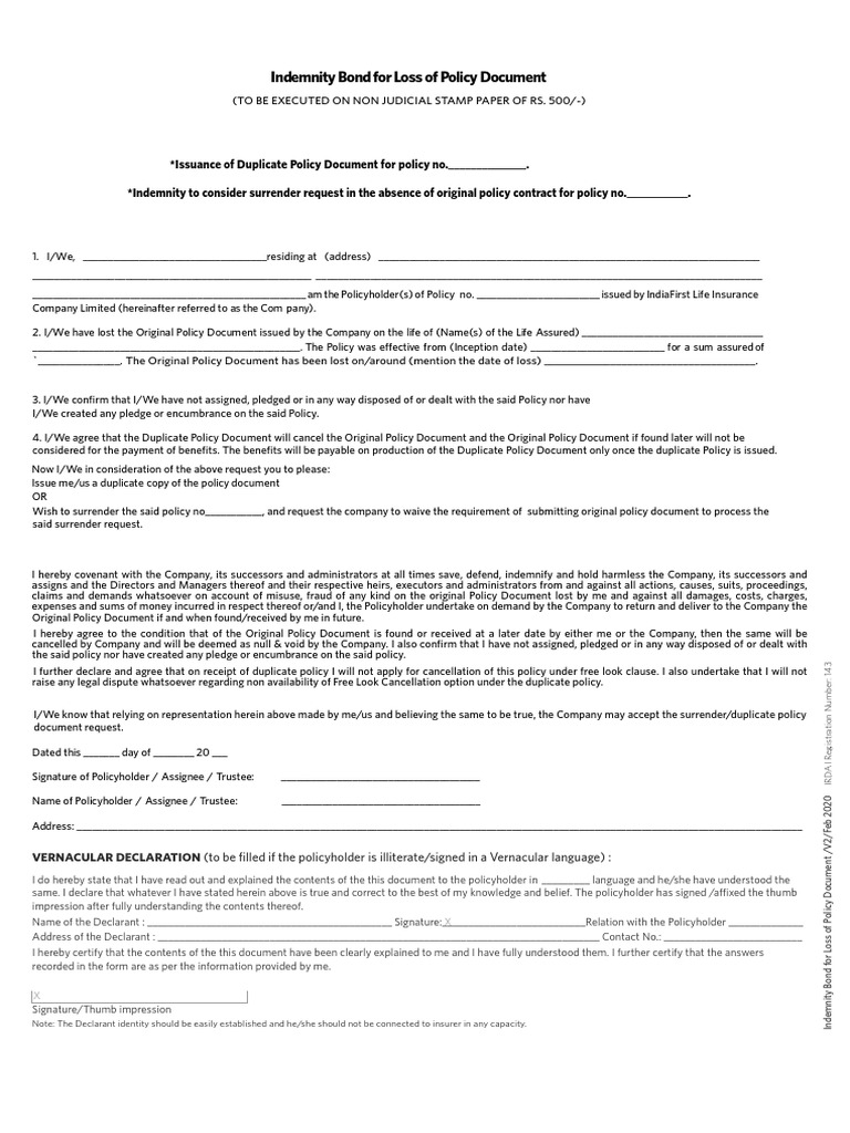 Indemnity Bond for Lost Policy Document | PDF | Indemnity | Insurance
