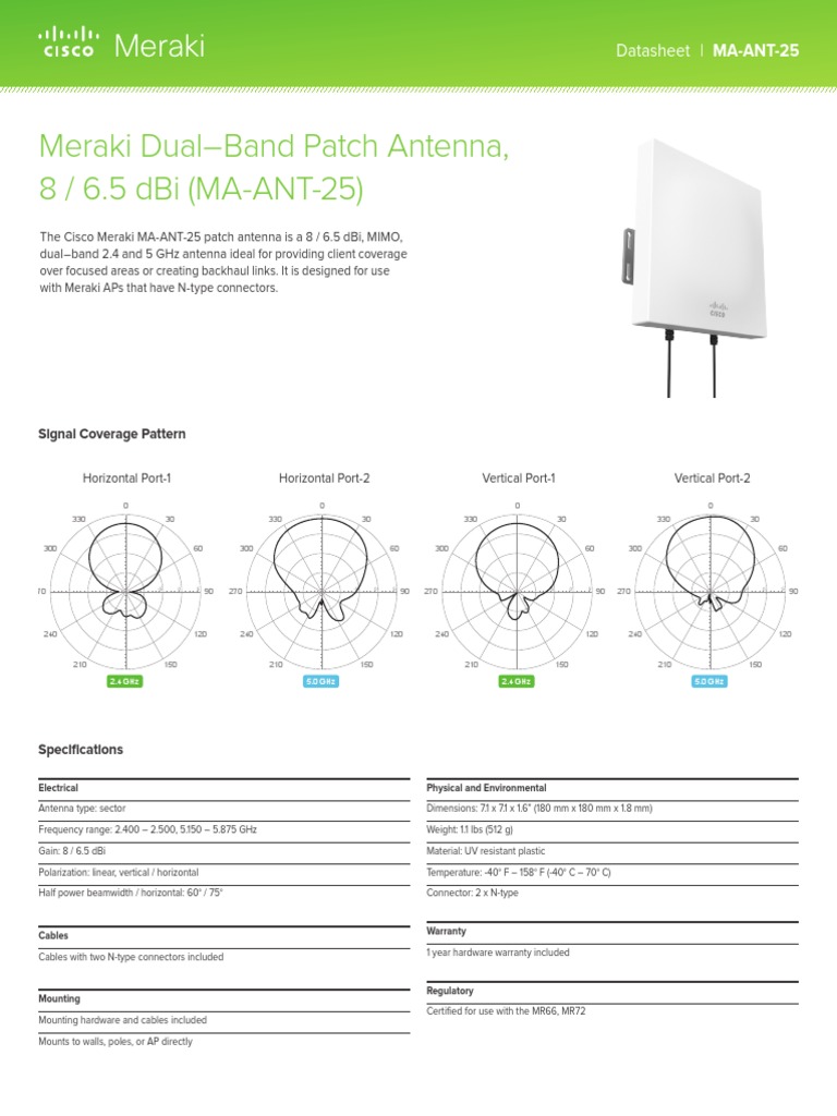Meraki Dual-Band Patch Antenna, 8 / 6.5 Dbi (Ma-Ant-25) : Datasheet ...