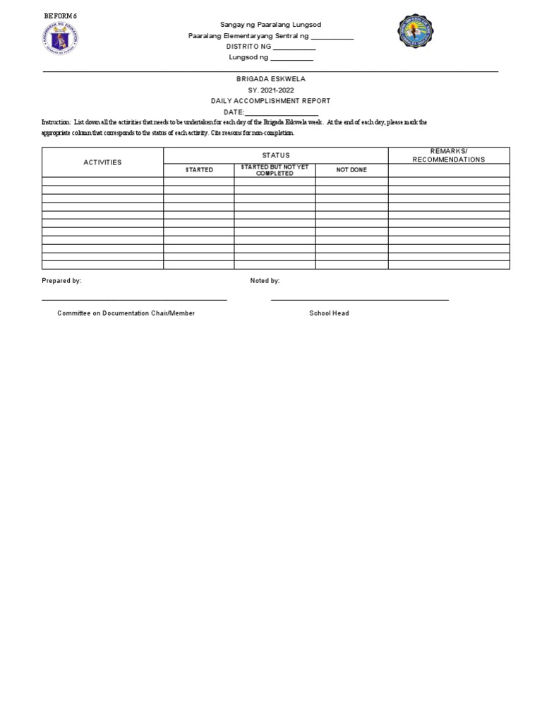 Brigada Eskwela Form 6 Daily Accomplishment Report | PDF
