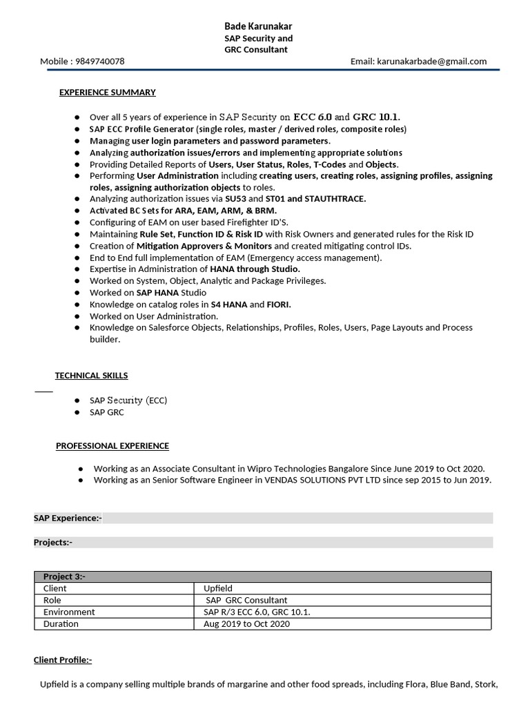 SAP Security and GRC Consultant resume | PDF | User (Computing ...
