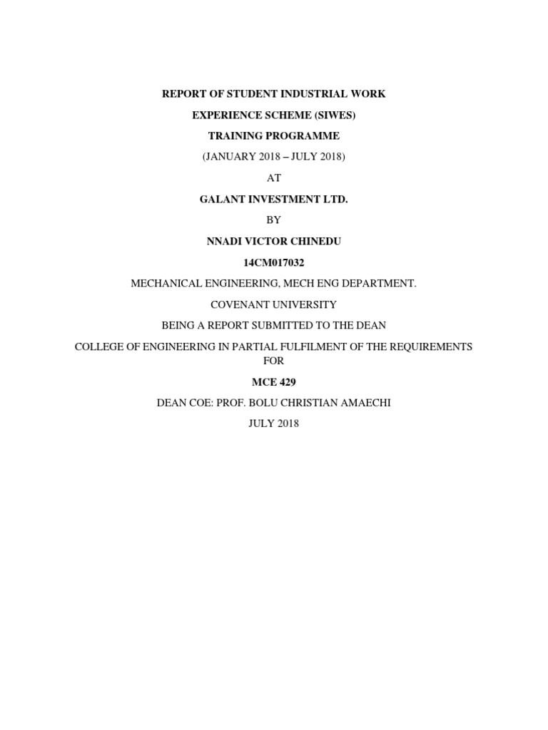 Report of Student Industrial Work Experience Scheme (Siwes) Training ...