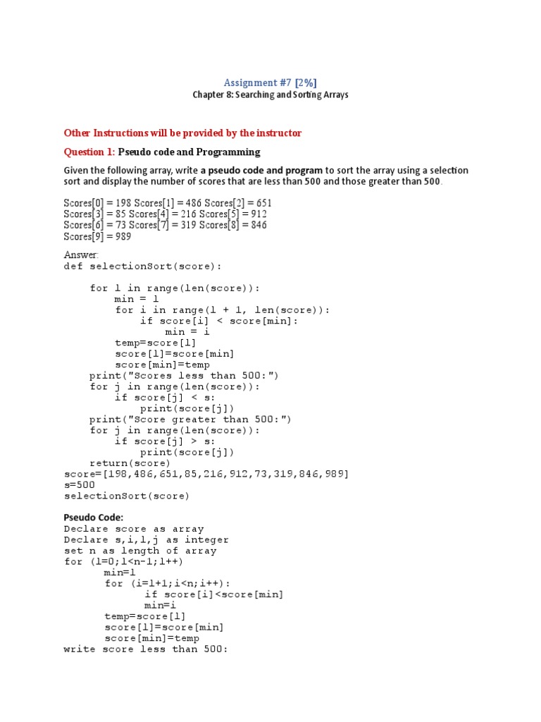Other Instructions Will Be Provided by The Instructor: Pseudo Code and Programming | PDF | Array ...