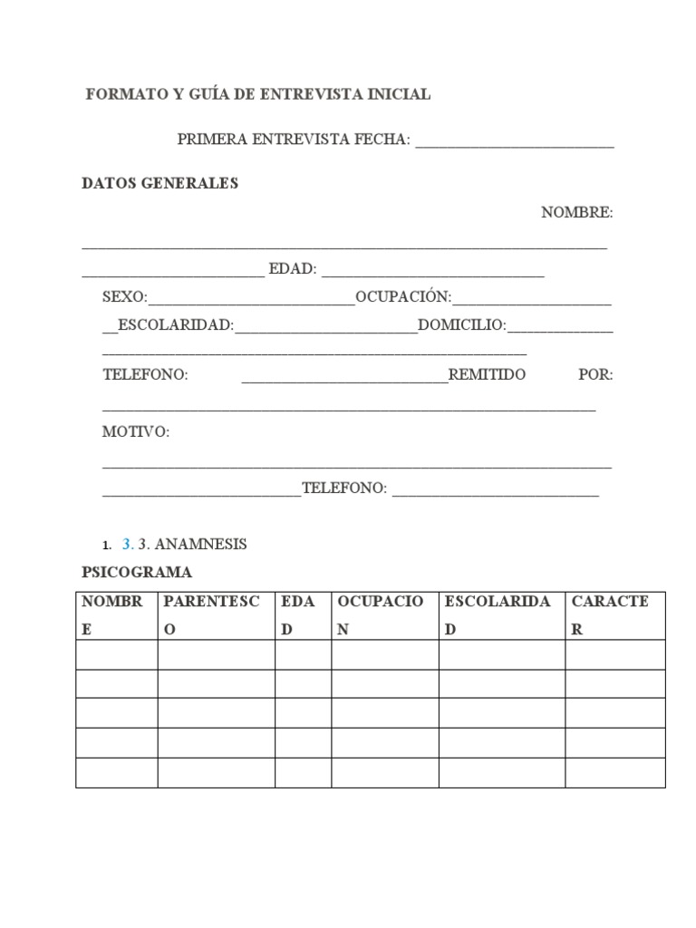 Formato y Guía de Entrevista Inicial | Descargar gratis PDF | La ...