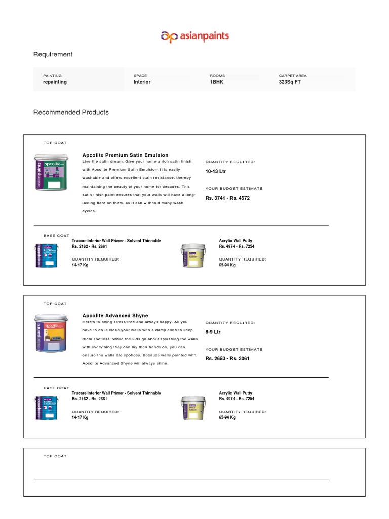 Asian Paints Estimate of Paint Reqd | PDF | Paint | Acrylic Paint