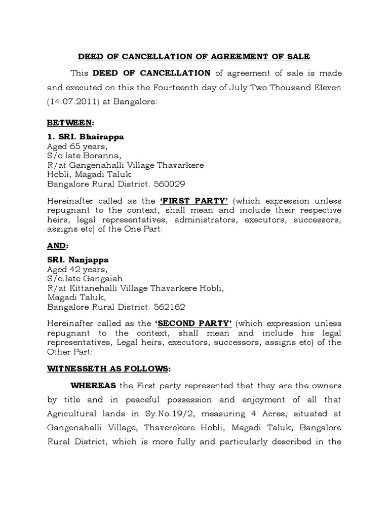 Cancellation Deed of Agreement of Sale - Praful Chandra | PDF | Deed ... Cancellation Deed of Agreement of Sale - Praful Chandra | PDF | Deed ...
