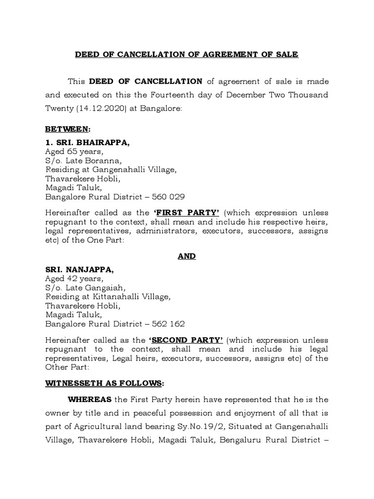 Deed of Cancellation of Agreement of Sale | PDF | Deed | Common Law
