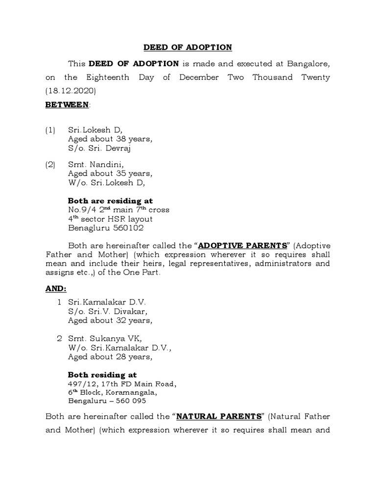 Deed of Adoption: ND TH TH | PDF | Adoption | Child Custody