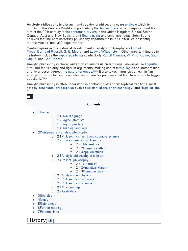History: Analytic Philosophy Is A Branch and Tradition of Philosophy ...
