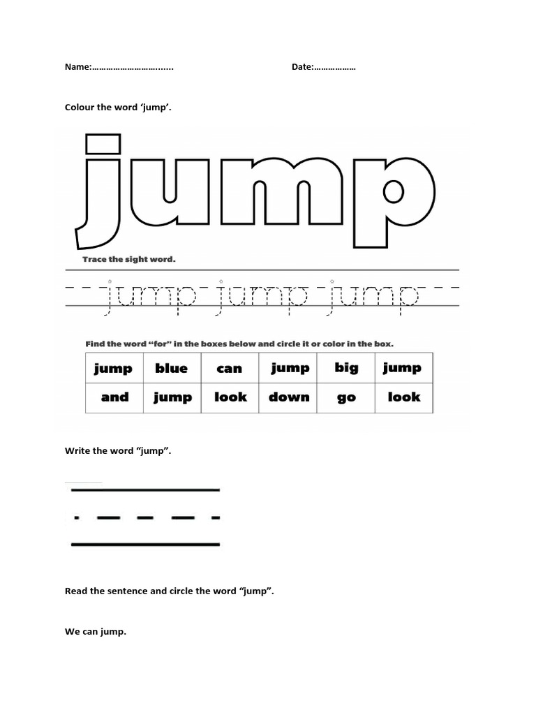 'Jump' Sight Word Worksheet | PDF