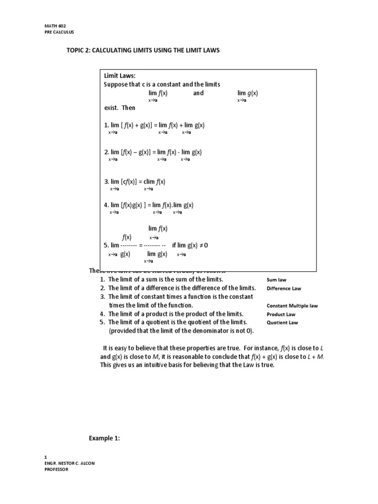 Topic 2: Calculating Limits Using The Limit Laws: MATH 602 Pre Calculus | PDF | Factorization ...