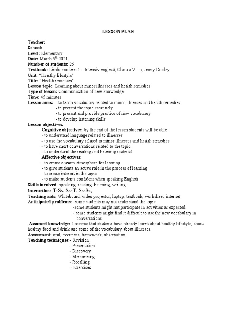 English Lesson Plan 6th Grade Health Remedies | PDF | Teachers | Vocabulary