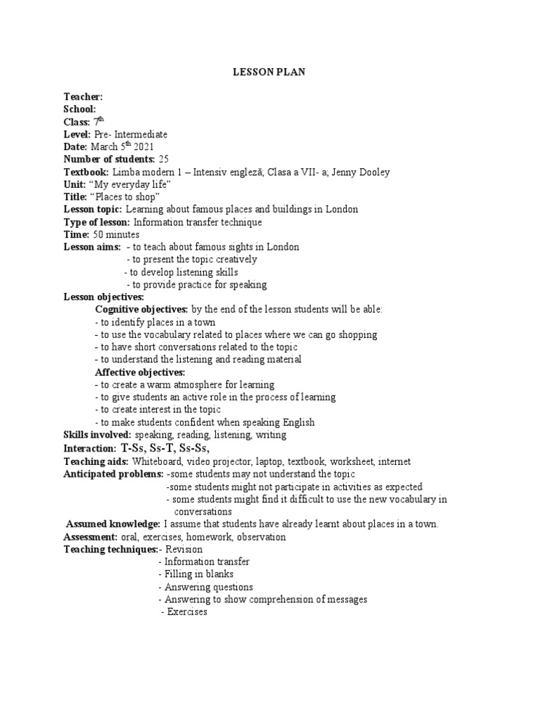 English Lesson Plan 7th Grade Famous Places London | PDF | Teachers ...