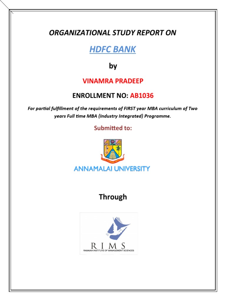 HDFC Bank: Organizational Study Report On | PDF | Loans ...
