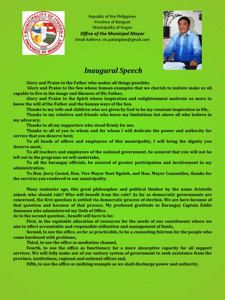 Mayor's Inaugural and First Speech Outlines Plans for Itogon | PDF ...
