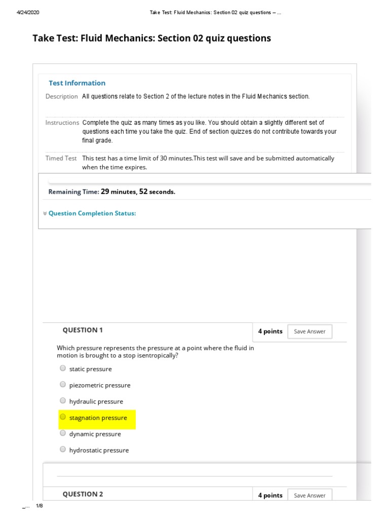 Take Test - Fluid Mechanics - Section 02 Quiz Questions - .. | PDF ...