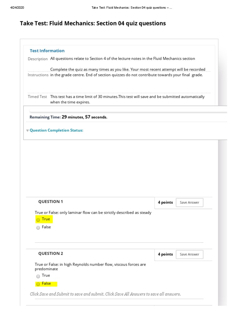 Take Test - Fluid Mechanics - Section 04 Quiz Questions - .. | PDF ...
