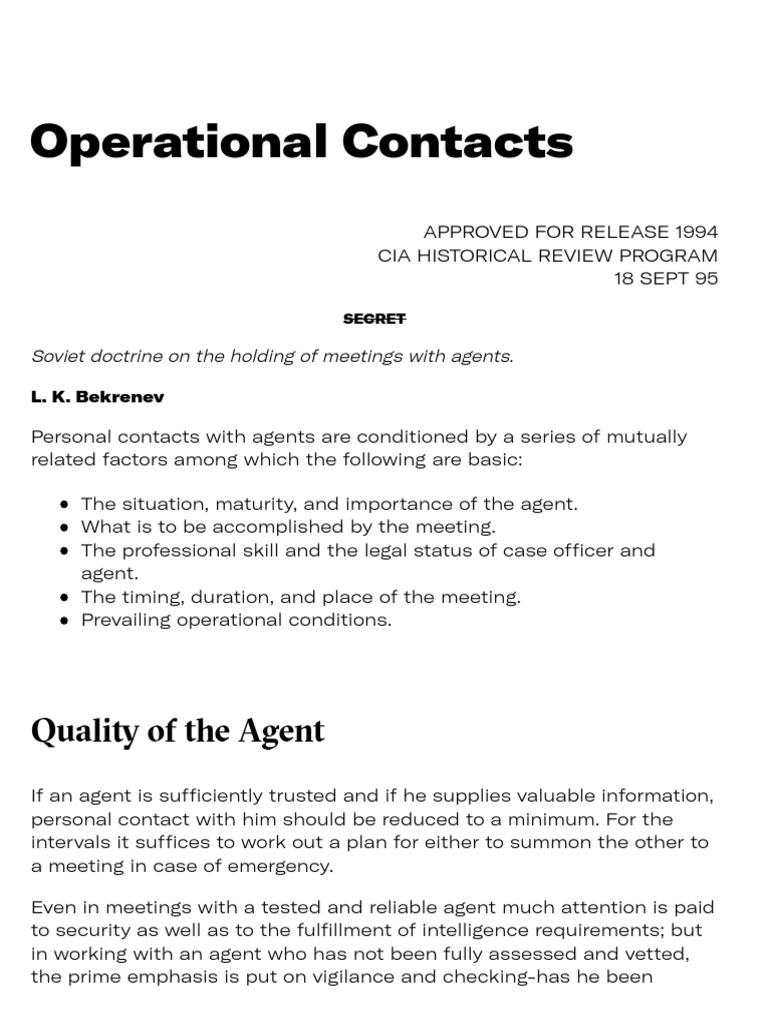 Operational Contacts: Qualit of The Agent | PDF | Counterintelligence ...