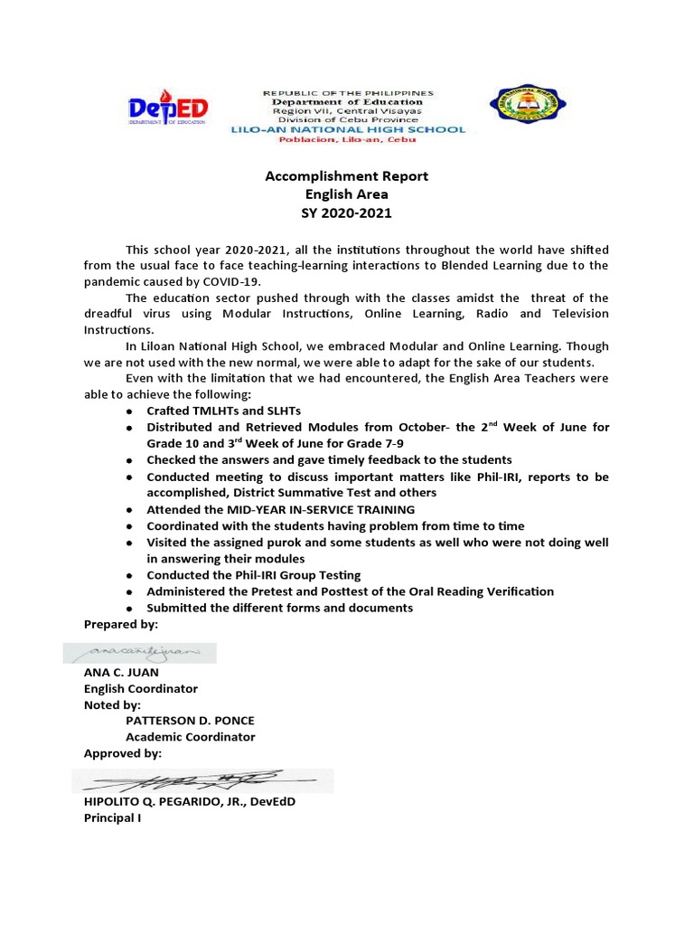 Accomplishment Report English Area SY 2020-2021: ND RD | PDF