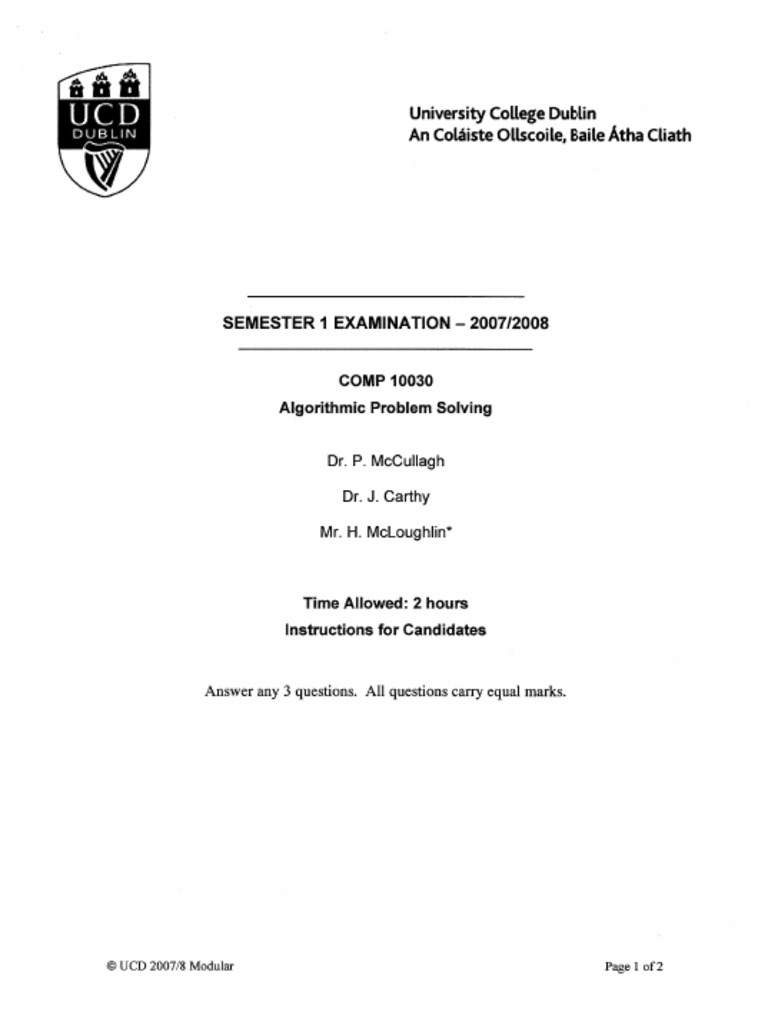 COMP10030 Algorithmic Problem Solving 2007 Exam | PDF