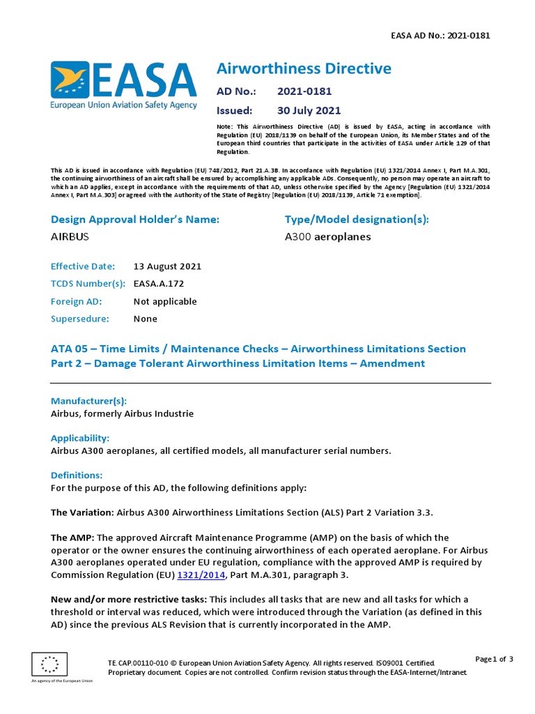 Airworthiness Directive: Design Approval Holder's Name: Type/Model ...