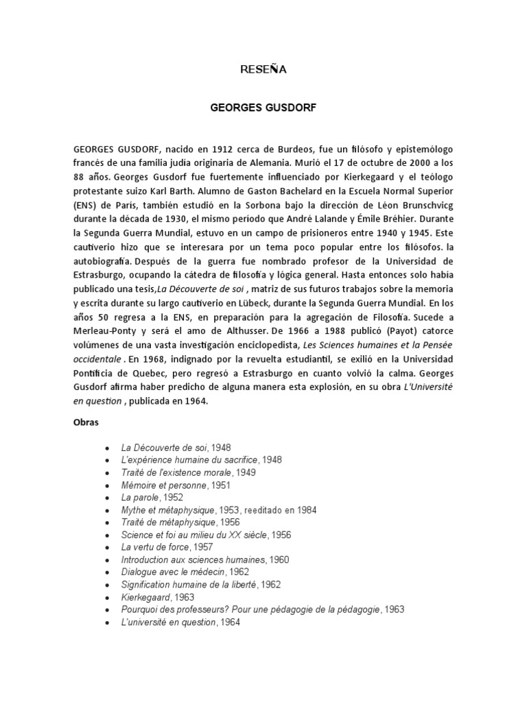 Biografia Georges Gusdorf | PDF | Epistemología | Escritores de filosofía