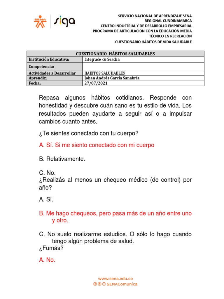 CUESTIONARIO Hábitos de Vida Saludable Johan Garcia | PDF | Relaciones ...