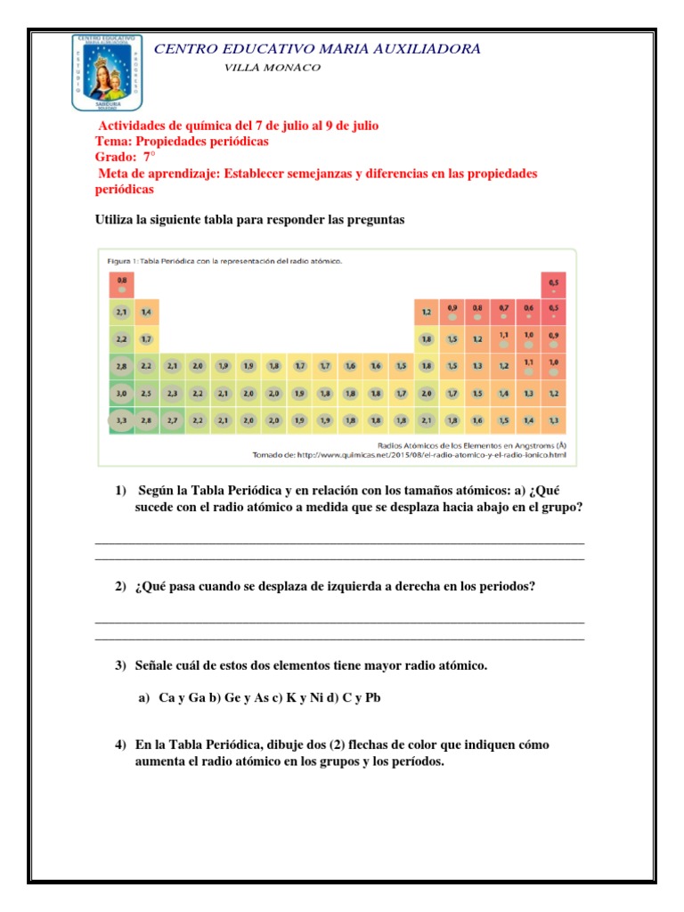 Actividades de Química: Propiedades Periódicas | PDF