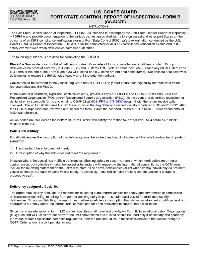 Port State Control Form B CG-5437B | PDF | Ships | Water Transport