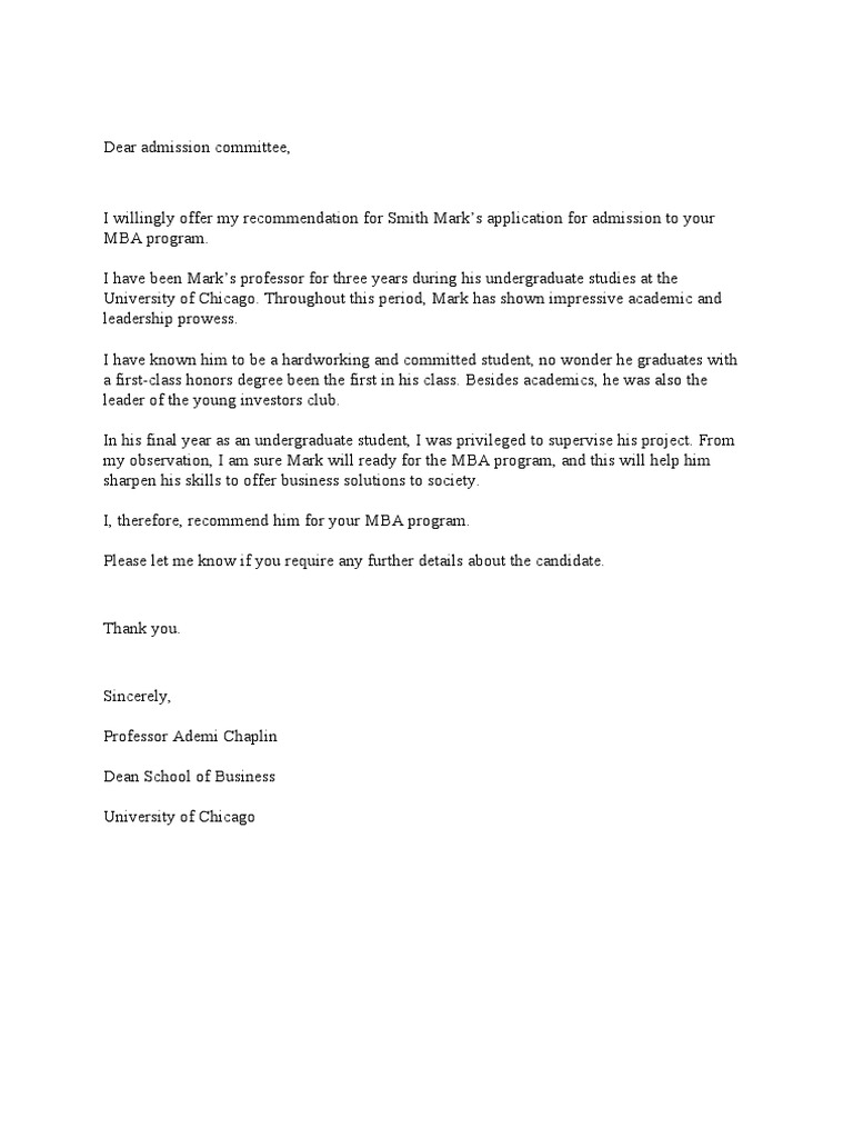 Sample MBA Recommendation Letter 2 | PDF