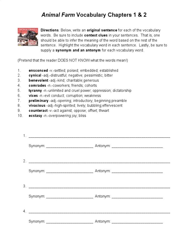 Animal Farm Vocabulary: Chapters 1 & 2 | PDF | Interpretation ...