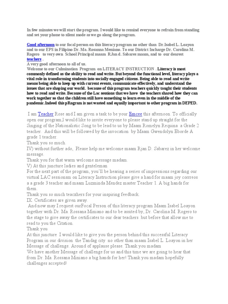 EMCEE Script For Culmination Program | PDF | Literacy | Communication