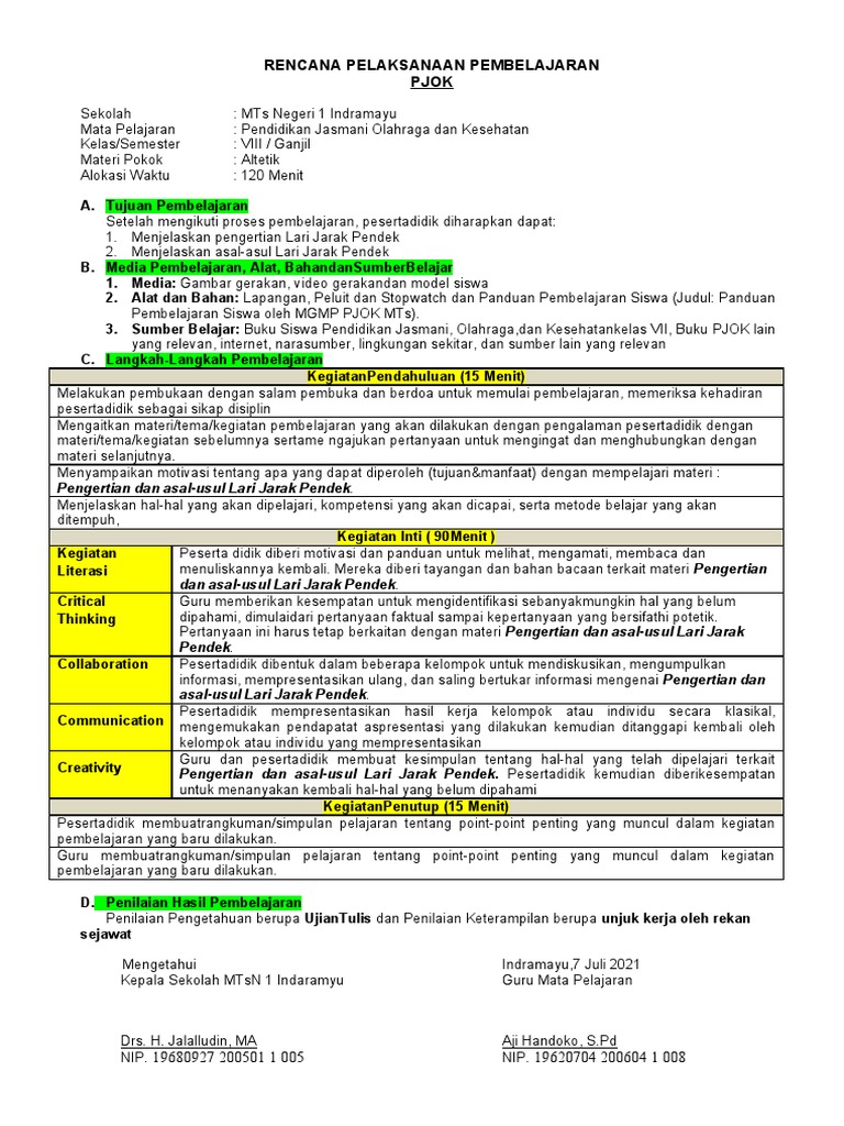 RPP Lari Jarak Pendek KELAS 8 | PDF