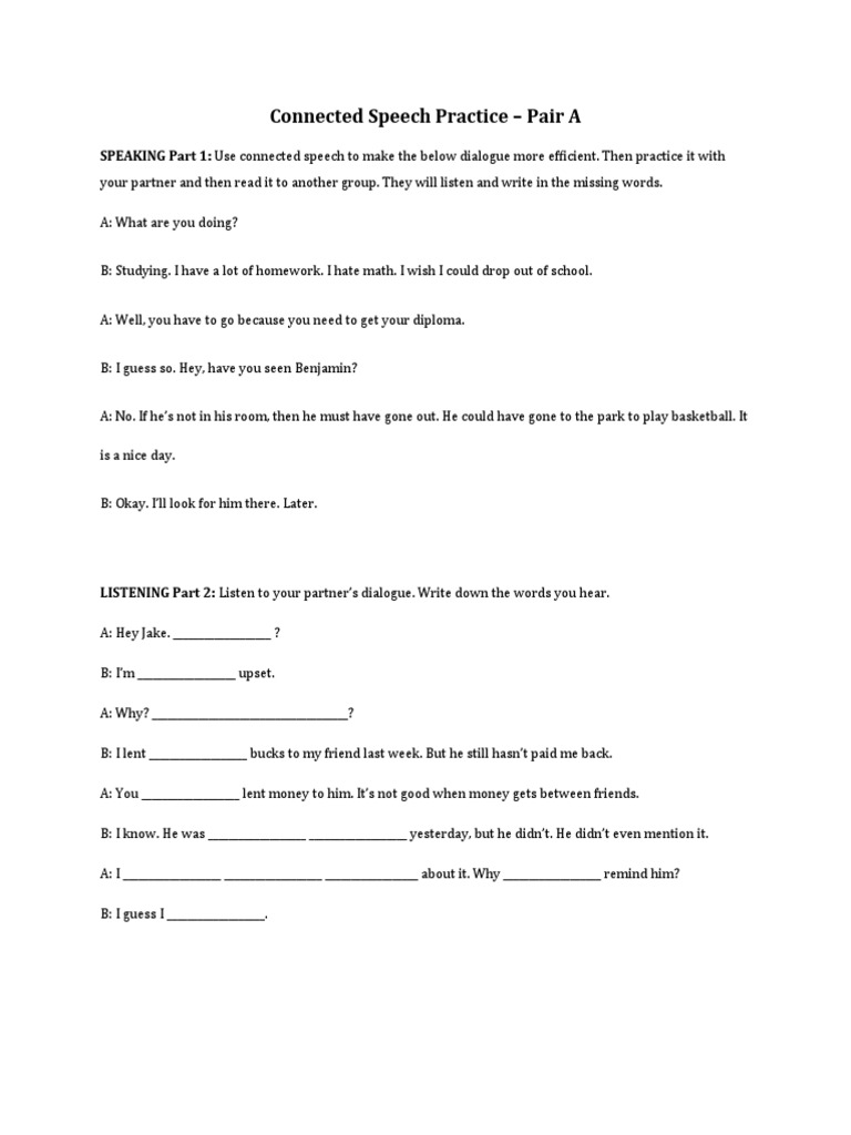 Connected Speech Practice - Pair A | PDF