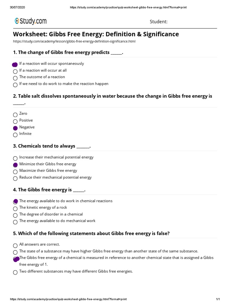 Gibbs Free Energy Worksheet & Quiz | PDF | Finance & Money Management ...