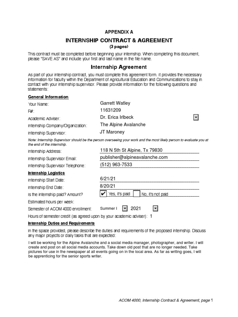 Internship Contract & Agreement: (3 Pages) | PDF | Internship | Job Hunting