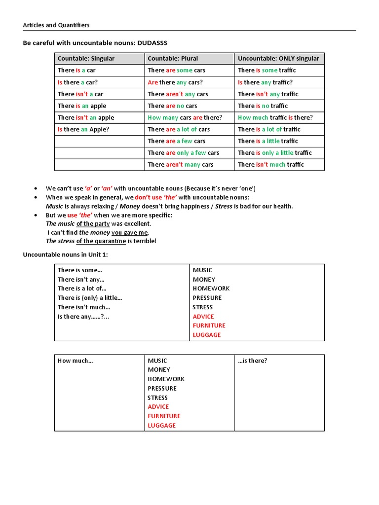 Articles and Quantifiers With Uncountable Nouns | PDF | Noun | Syntax