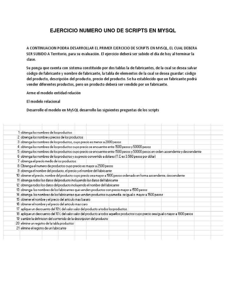 Ejercicios de Scripts en Mysql | PDF