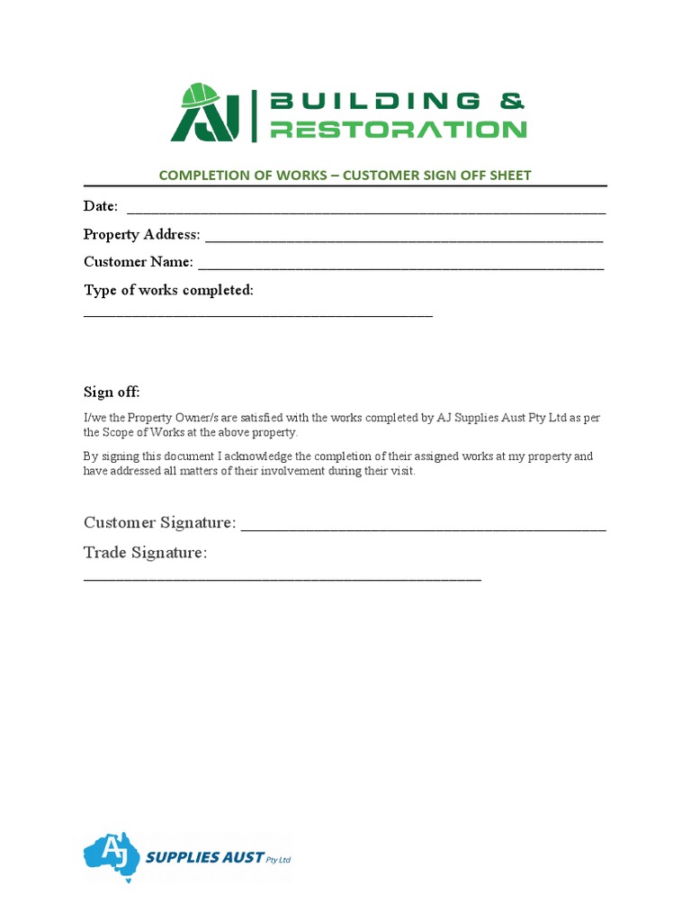 Completion of Works - Customer Sign Off Sheet: Customer Signature ...
