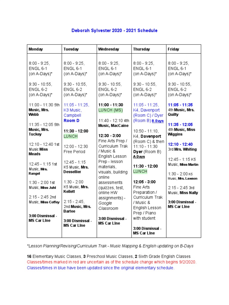 Deborah Sylvester, 2020 - 2021 Schedule (Updated 10 - 29) | PDF