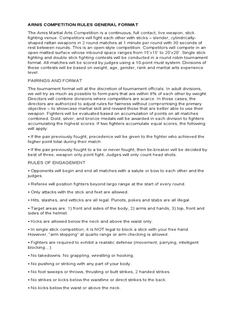 Arnis Competition Rules and Format | PDF | Tournament | Grappling