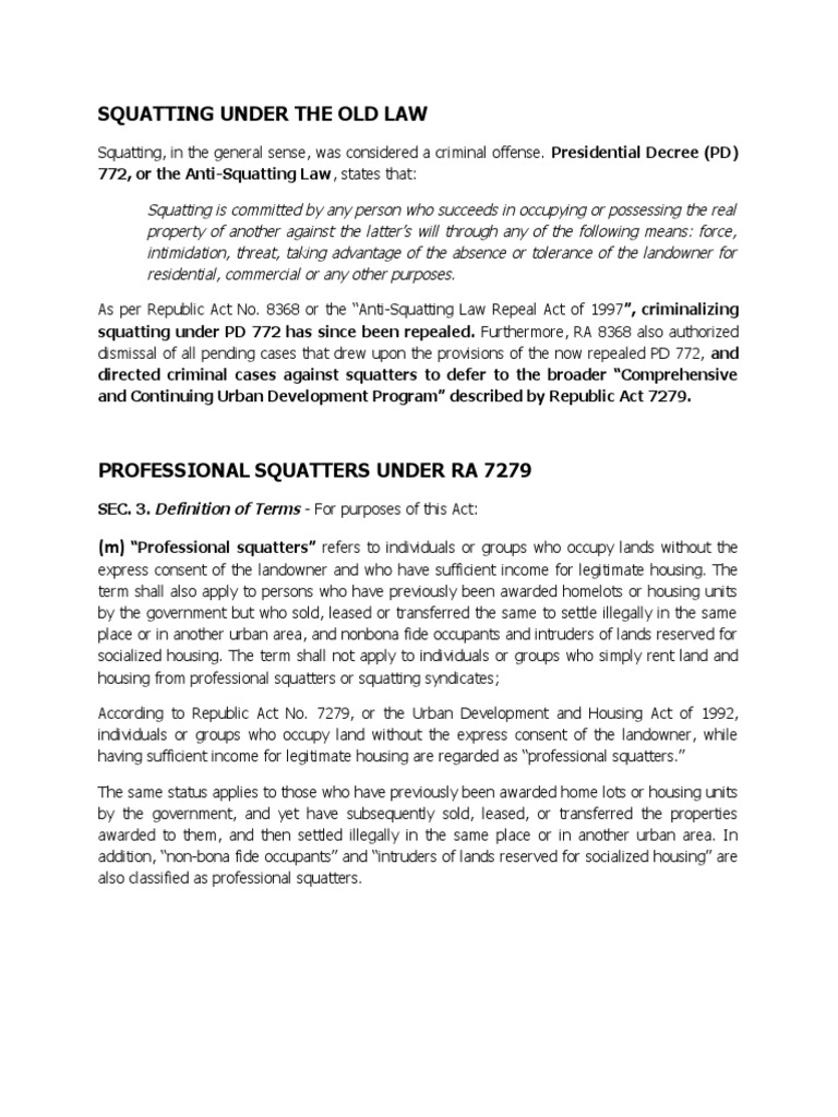 Professional Squatting Under RA 7279 | PDF | Squatting | Justice