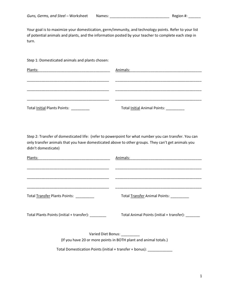 Guns, Germs, & Steel - Simulation Worksheet | PDF