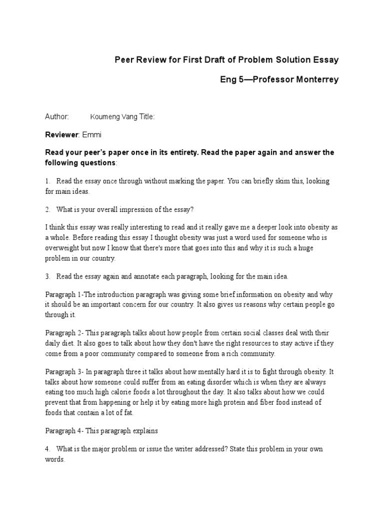 Emmis Peer Review For First Draft of Problem Solution Essay 1 | PDF ...