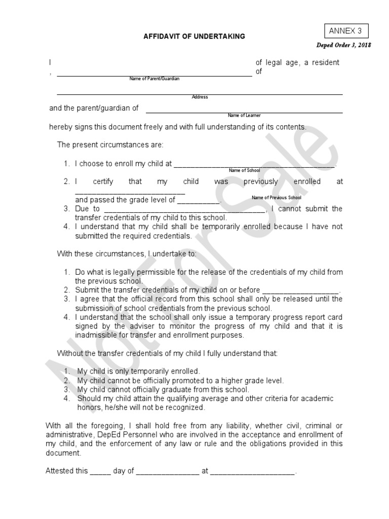 Affidavit of Undertaking: Deped Order 3, 2018 | PDF | Credential | Legal Guardian
