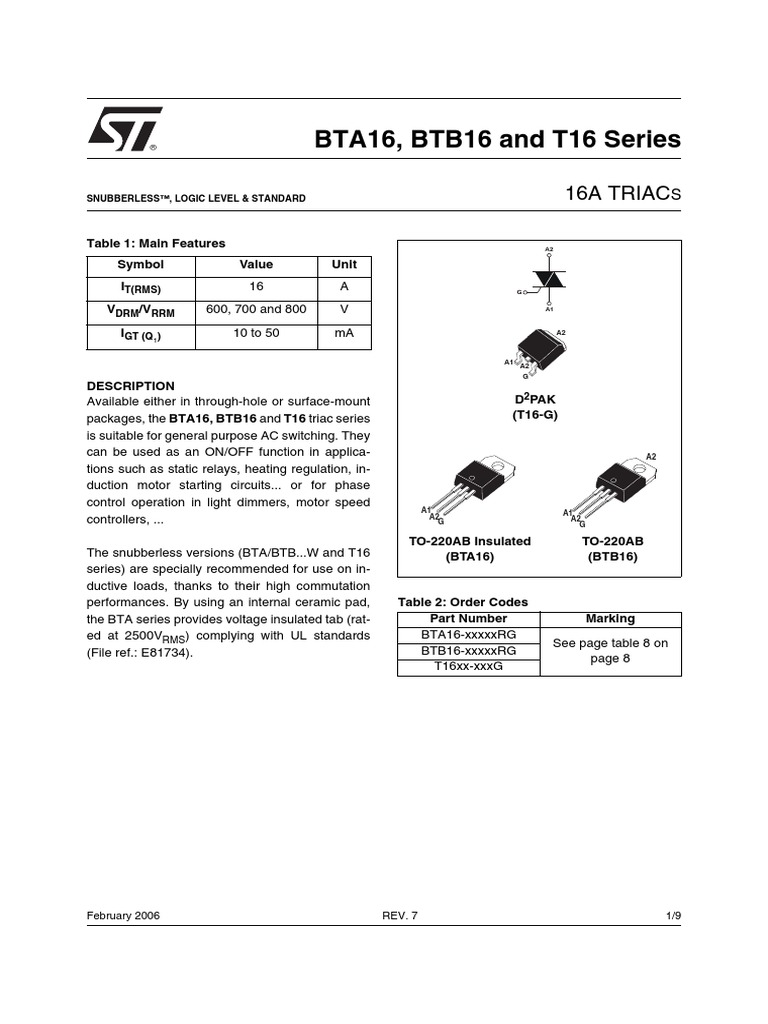 BTA16, BTB16 and T16 Series: 16A Triac | PDF | Electrical Engineering | Electromagnetism