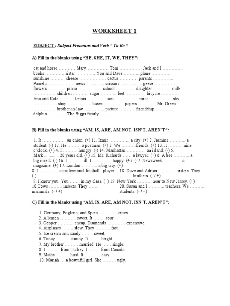 Subject Pronouns & Verb "To Be" Worksheet | PDF