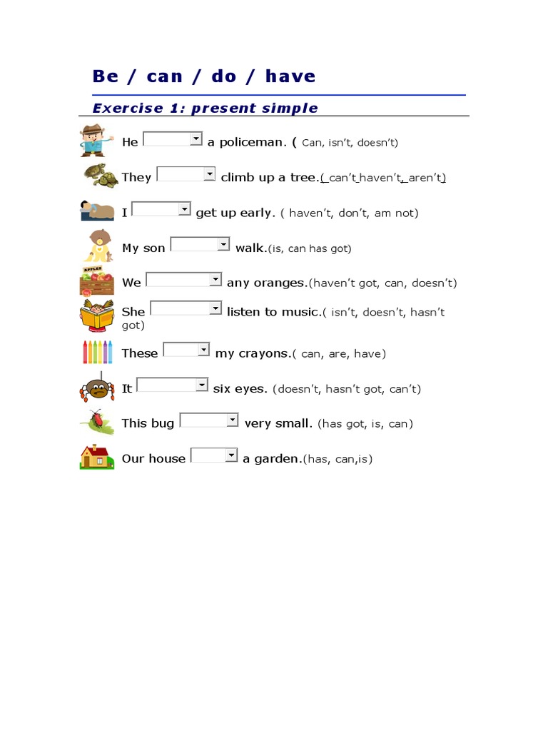 Be / Can / Do / Have: Exercise 1: Present Simple | PDF